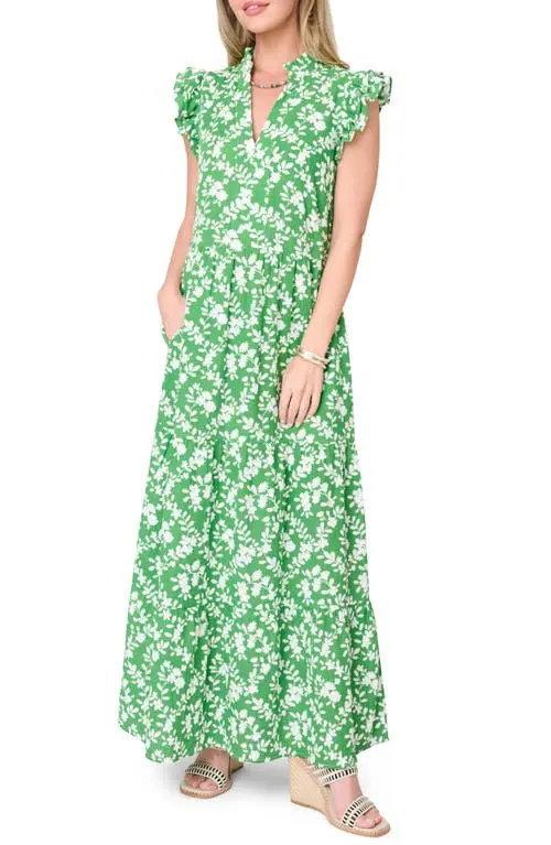 GIBSONLOOK Floral Print Flutter Sleeve Maxi Dress - Green Trellis