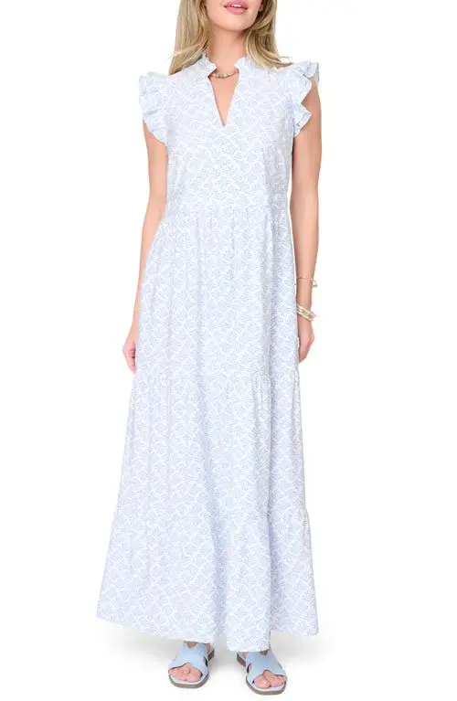 GIBSONLOOK Printed Flutter Sleeve Maxi Dress - Blue Motif Leaf