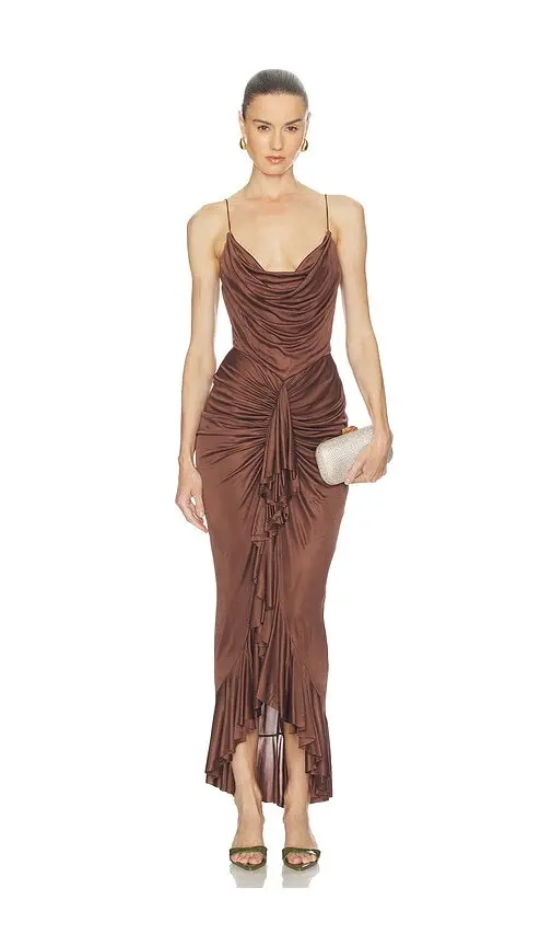Atlein Ruffle Strappy Long Dress - Bronze