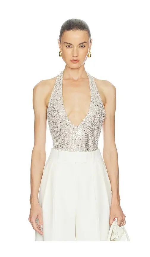 Alice + Olivia Pippa Sequin Bodysuit - Almond & Silver