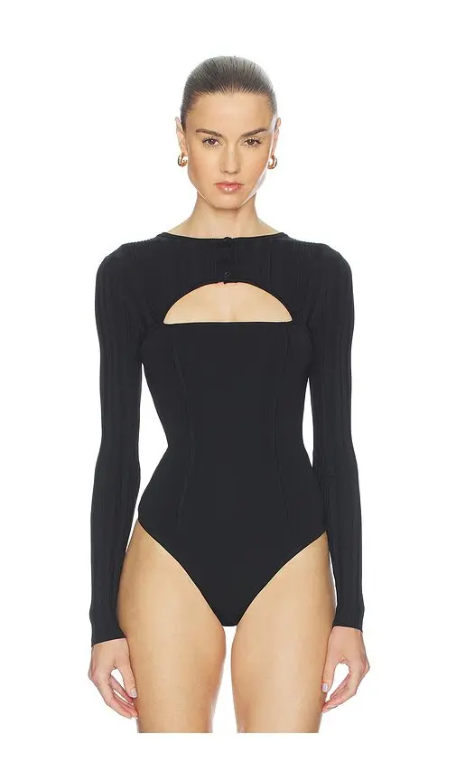 FLEUR DU MAL Rib Shrug Bodysuit - Black