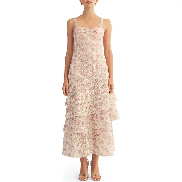 AROSE STUDIO Lorraine Layered Ruffle Sleeveless Maxi Dress - Pink Multi