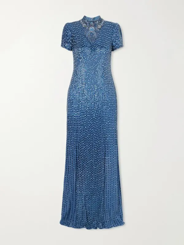 Jenny Packham Amber Cape-effect Embellished Crepe Gown - Blue