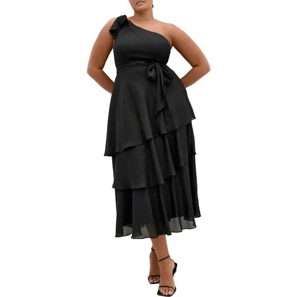 City Chic Metallic One-shoulder Tiered Dress - Black/silver