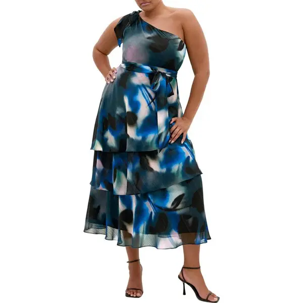 City Chic Metallic One-shoulder Tiered Dress - Haze Bloom