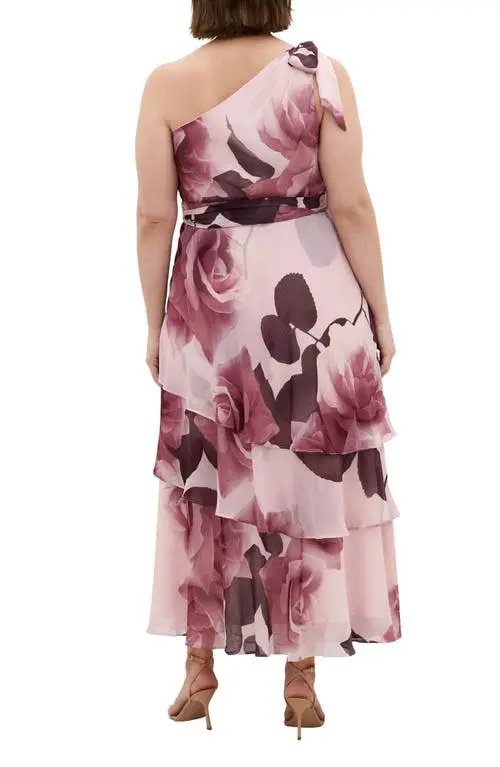 City Chic Metallic One-shoulder Tiered Dress - Romantic Bloom