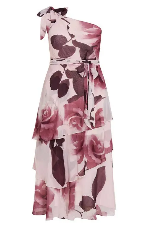 City Chic Metallic One-shoulder Tiered Dress - Romantic Bloom