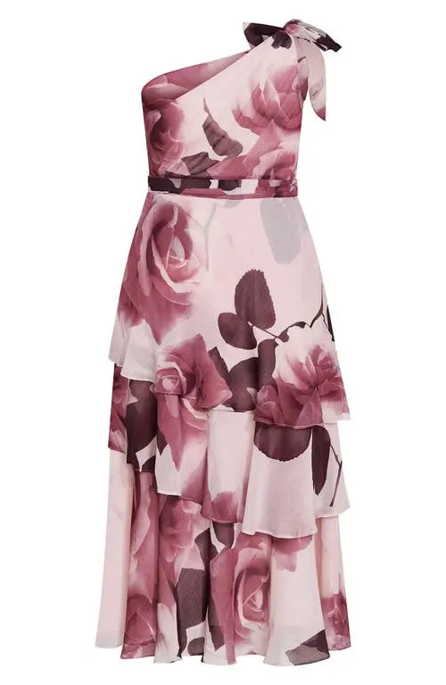 City Chic Metallic One-shoulder Tiered Dress - Romantic Bloom