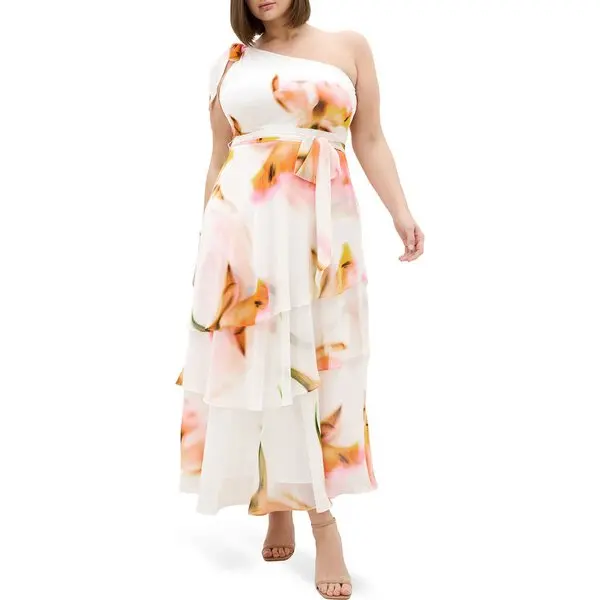 City Chic Metallic One-shoulder Tiered Dress - Summer Fleur