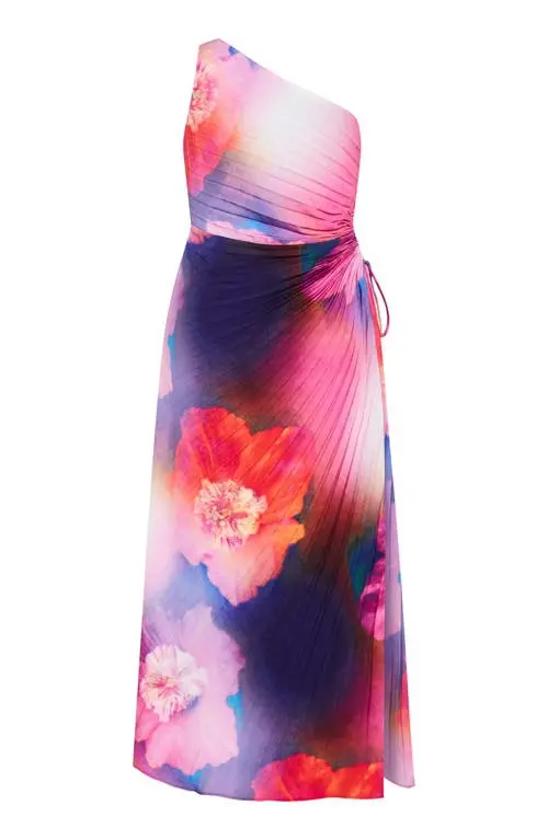 City Chic Floral Print One-shoulder Pleated Dress - Floral Firework