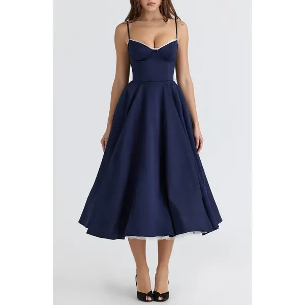 House Of Cb Sleeveless Satin Tulle Midi Dress - Navy
