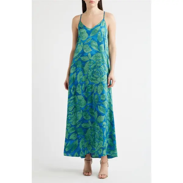 TAHARI ASL Printed Sleeveless Maxi Dress With Pockets - Green Blue