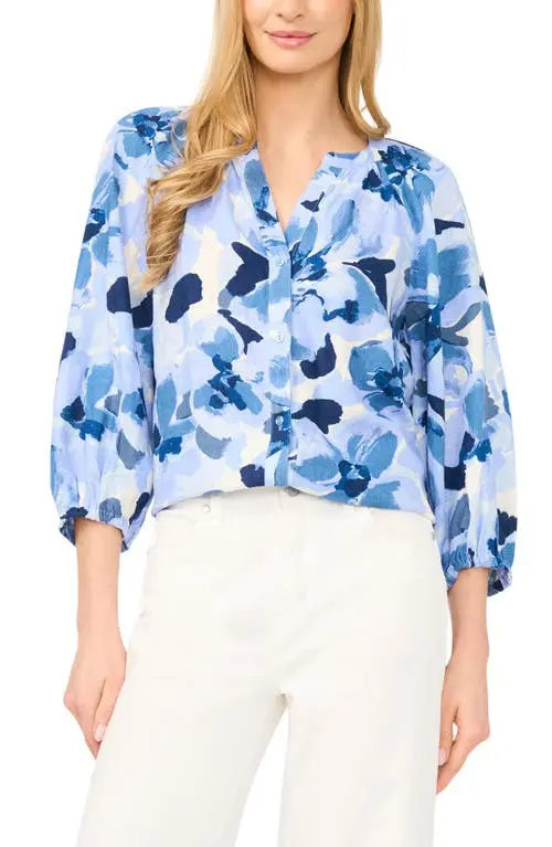 Halogen Floral Raglan Balloon Sleeve Button-up Top - Moonlight Blue