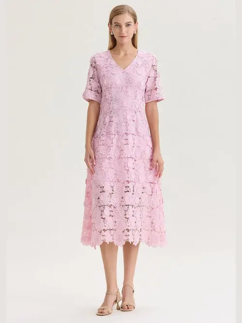 Misook Lined Floral Lace Applique Woven Midi Dress - Cherry Blossom