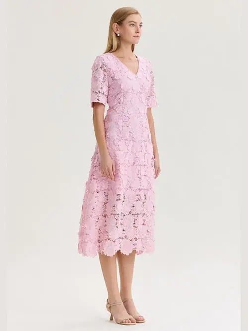 Misook Floral Lace Applique Woven Midi Dress