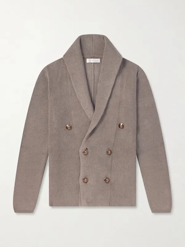 Brunello Cucinelli Shawl-collar Double-breasted Ribbed Cardigan - Brown