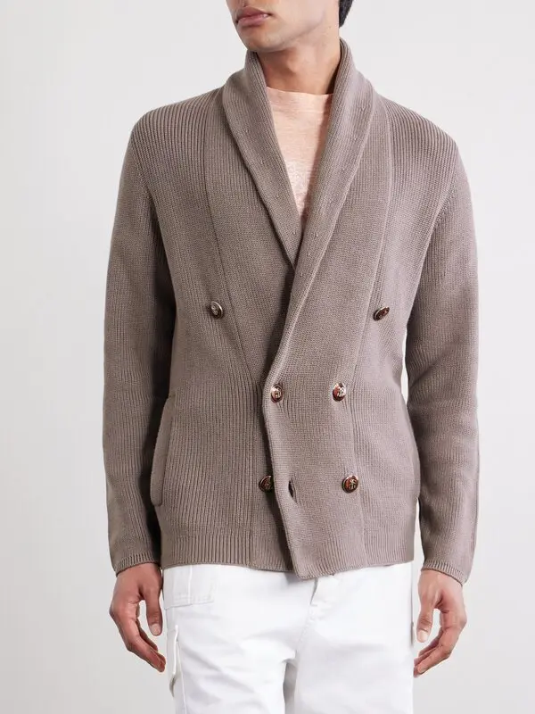 Brunello Cucinelli Shawl-collar Double-breasted Ribbed Cardigan - Brown