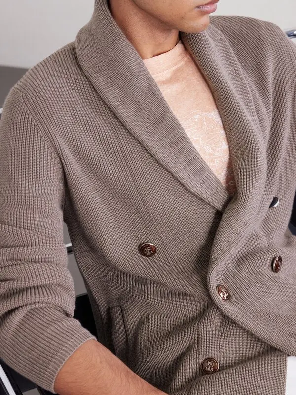 Brunello Cucinelli Shawl-collar Double-breasted Ribbed Cardigan - Brown