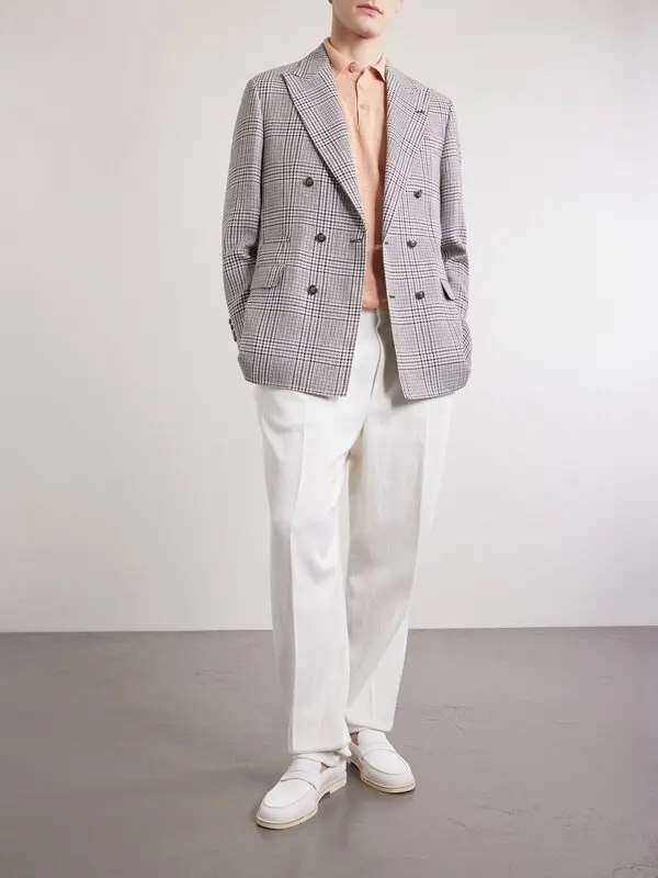 Brunello Cucinelli Prince Of Wales Checked Linen, Silk And Wool-blend Tweed Blazer