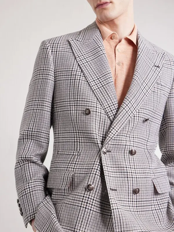 Brunello Cucinelli Prince Of Wales Checked Linen, Silk And Wool-blend Tweed Blazer