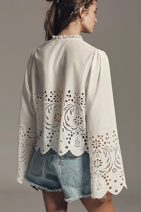 Anthropologie Eyelet Tie-front Long-sleeve Blouse
