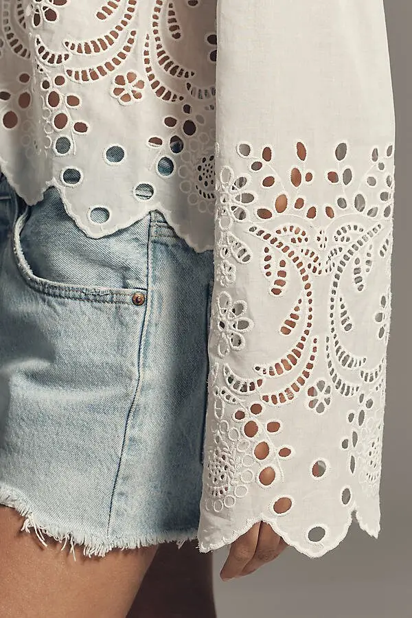Anthropologie Eyelet Tie-front Long-sleeve Blouse