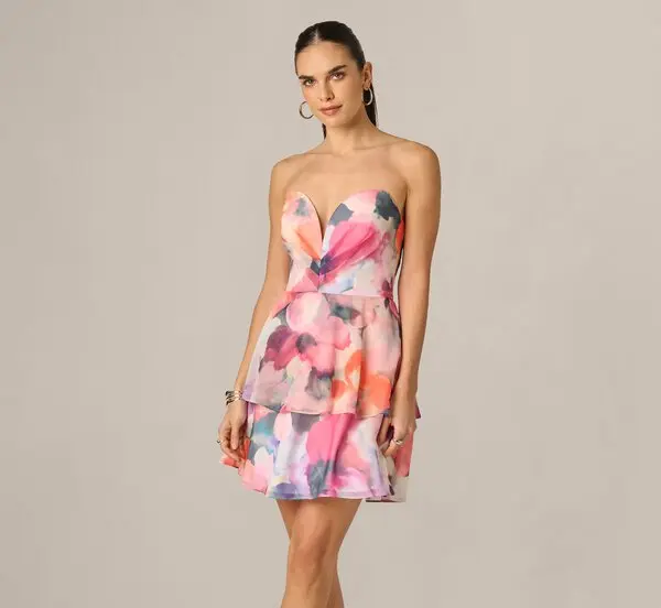 Adrianna Papell Watercolor Floral Chiffon Mini Dress - Pink/orange Multi