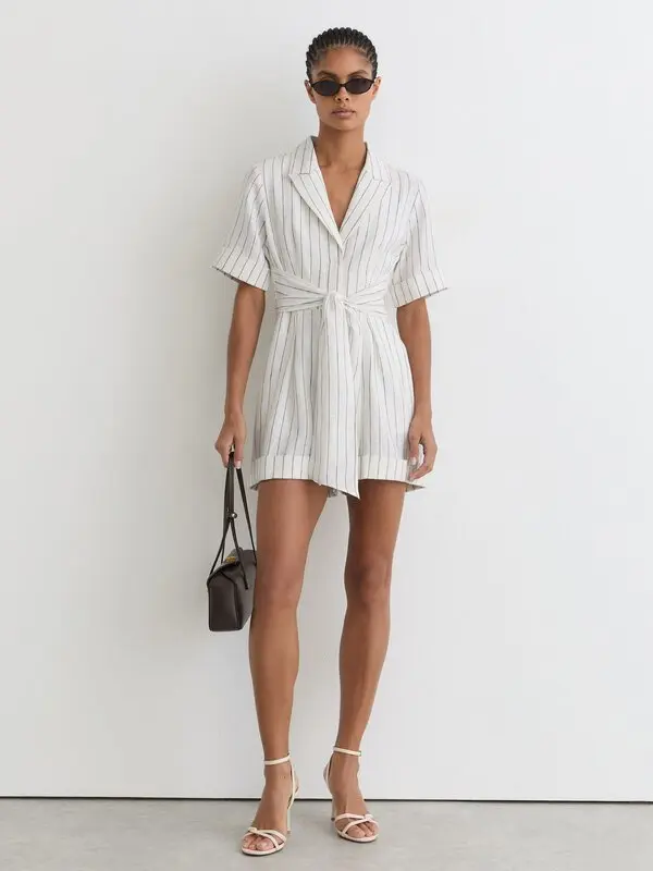 REISS Estella Linen Pinstripe Belted Playsuit - Ivory/navy