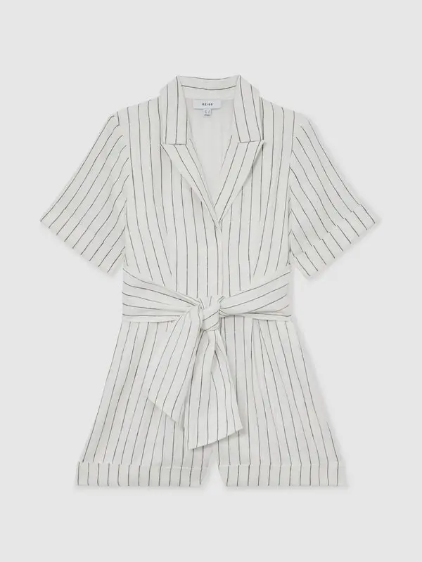 REISS Estella Linen Pinstripe Belted Playsuit