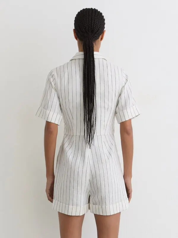 REISS Estella Linen Pinstripe Belted Playsuit