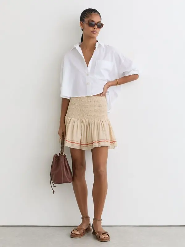 REISS Cotton-blend Shirred Mini Skirt - Neutral