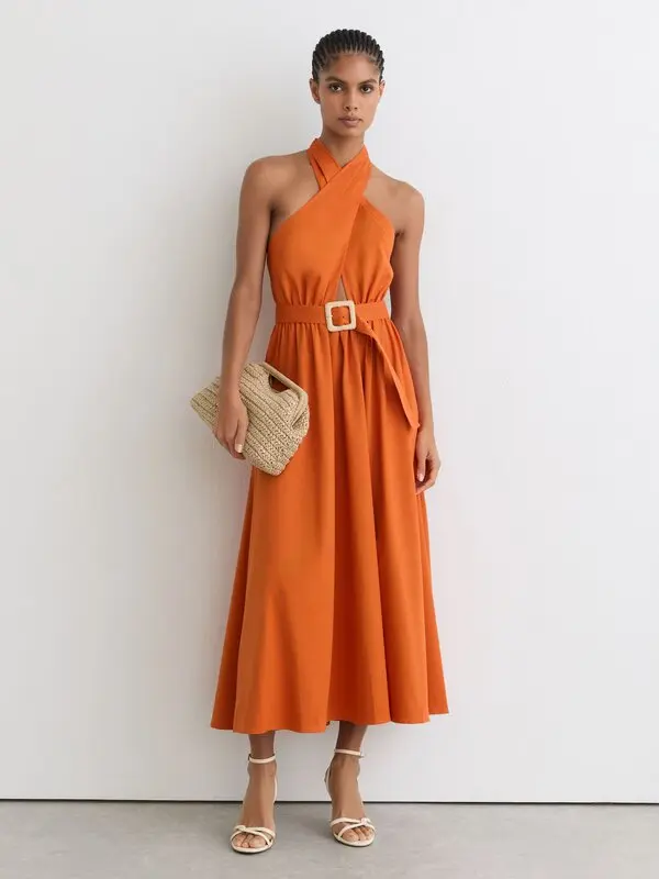 REISS Rowe Cotton Halterneck Belted Midi Dress - Orange