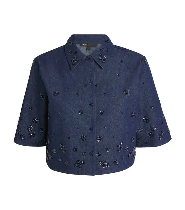 Maje Denim Embellished Cropped Shirt - Blue