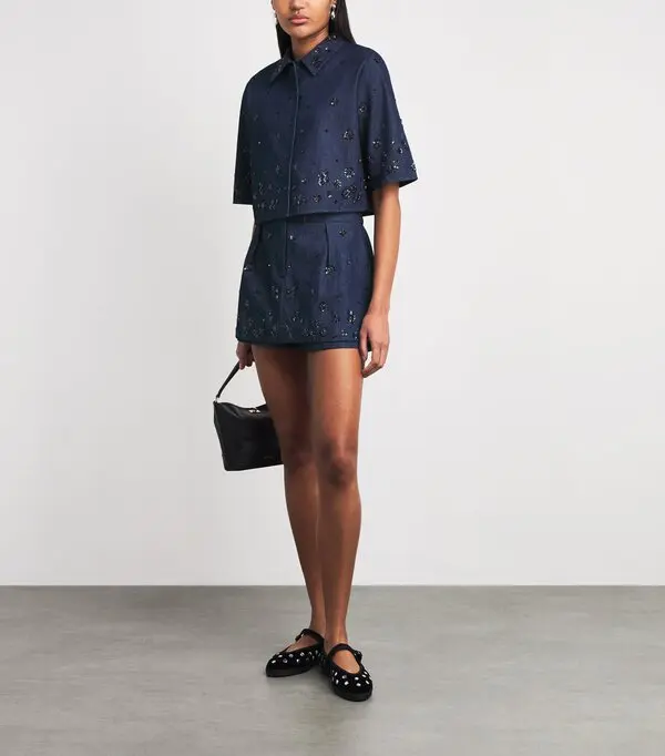 Maje Denim Embellished Cropped Shirt - Blue