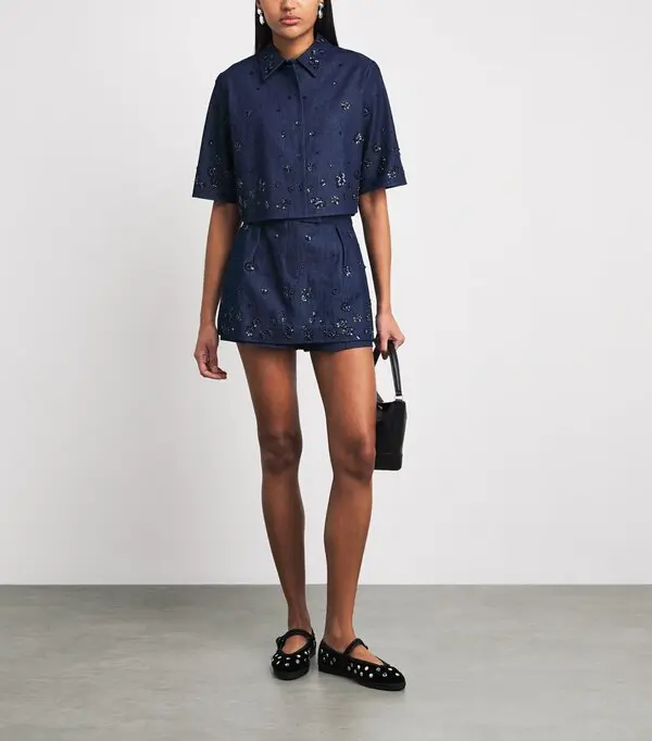 Maje Embellished Denim Shorts - Blue