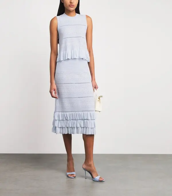 Maje Ruffled Pointelle-knit Midi Skirt - Blue