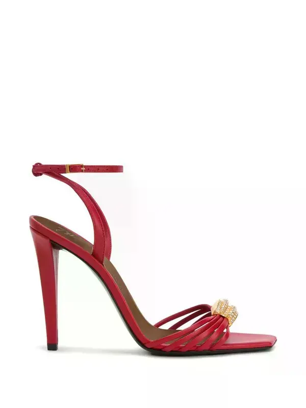 GIUSEPPE ZANOTTI Orchid Square Toe Crystal Brooch Sandals - Red