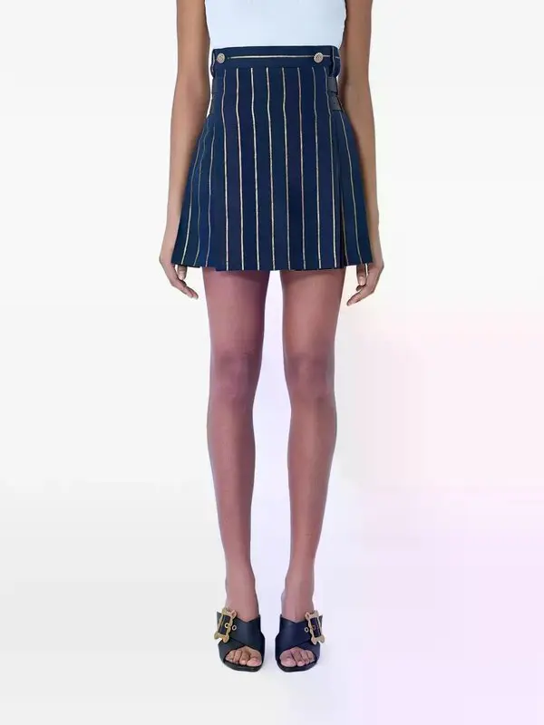VIVIENNE WESTWOOD Striped Pleated Mini Linen Skirt With Button Detail - Blue