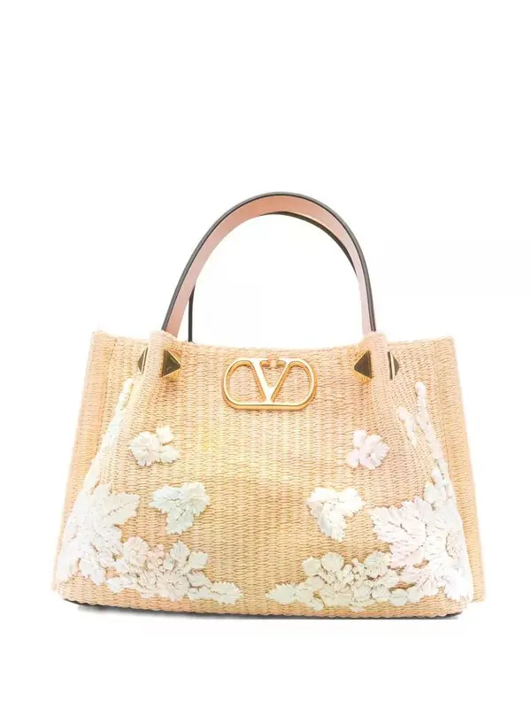 Valentino Garavani Floral-appliqué Stud-detail Tote Bag - Neutrals