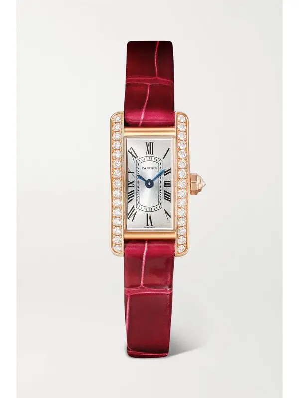 CARTIER Tank Américaine 28mm Mini 18-karat Rose Diamond And Alligator Watch - Gold