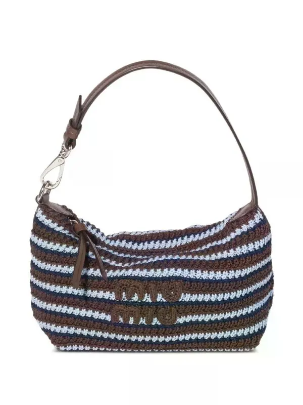 Miu Miu Crochet Pouch With Striped Pattern And Leather Handle - Brown