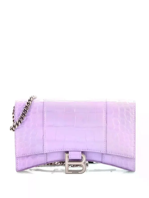 Balenciaga Hourglass Chain Wallet Crocodile Embossed Leather Clutch Bag - Purple