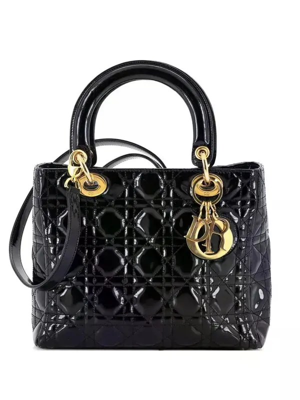 Dior Vintage Lady Bag Cannage Quilt Patent Medium Satchel - Black