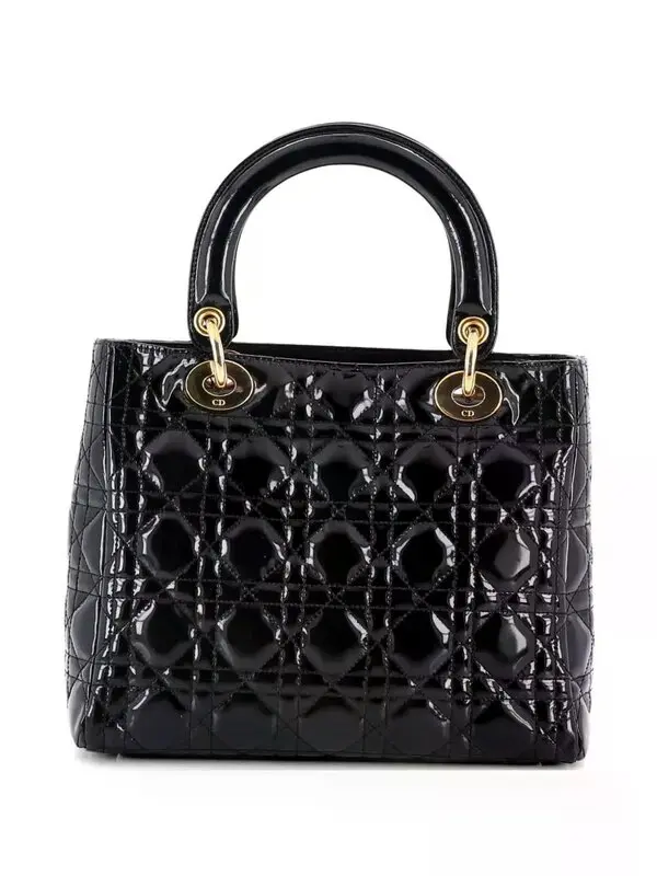 Dior Lady Bag Cannage Quilt Patent Medium Tote Bag - Black