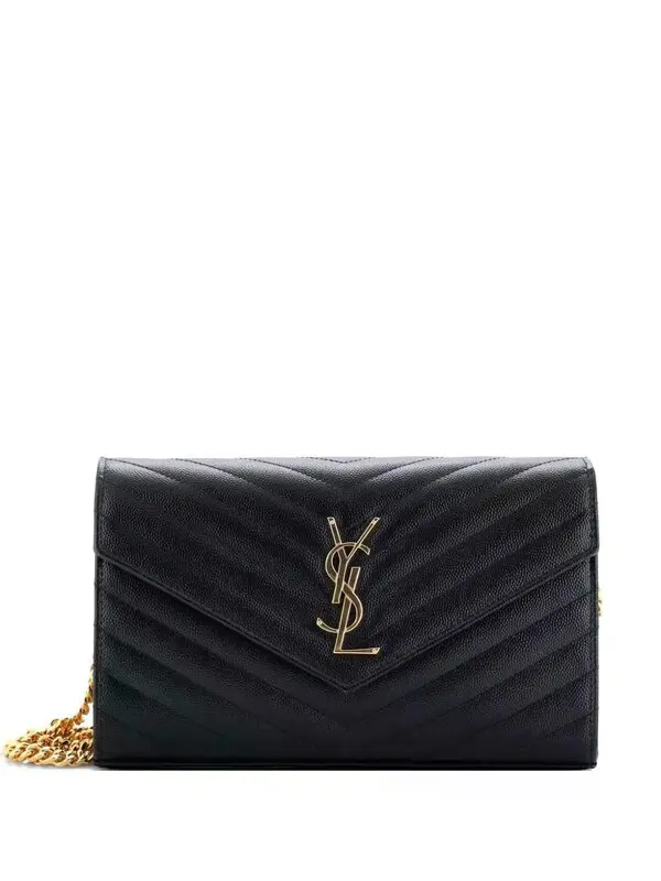 Saint Laurent Classic Monogram Wallet On Chain Matelasse Chevron Leather Medium Crossbody Bag - Black