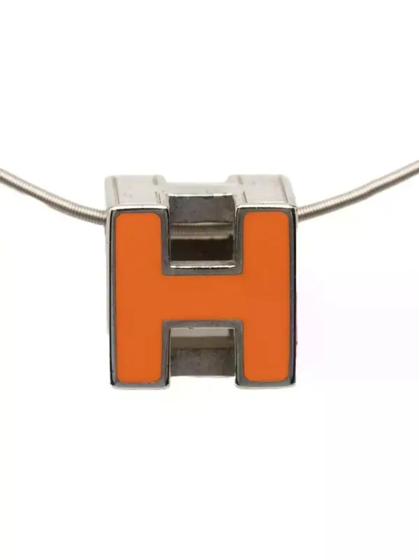 Hermès 2000-2010 Palladium Plated Lacquered Cage D H Pendant Necklace Costume Necklace - Orange