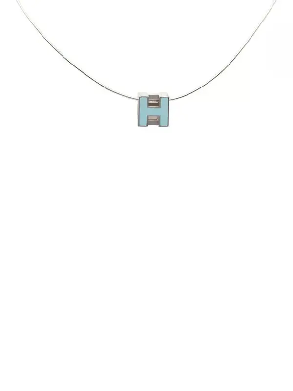 Hermès 2000-2025 Palladium Plated Enamel Cage D H Pendant Necklace Costume Necklace - Blue