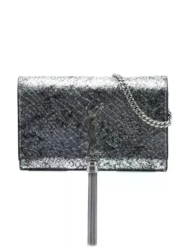 Saint Laurent Python Embossed Metallic Wallet On Chain - Silver
