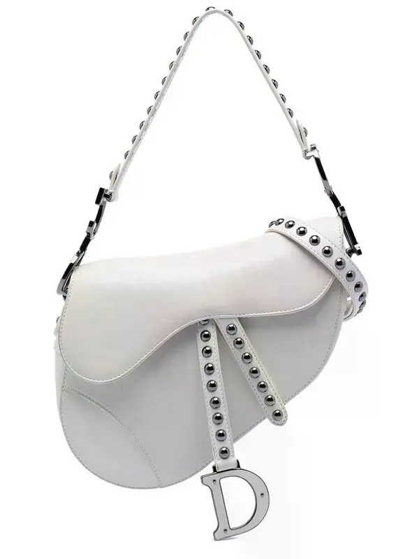 Dior 2022 Studded Leather Saddle Bag Satchel - White