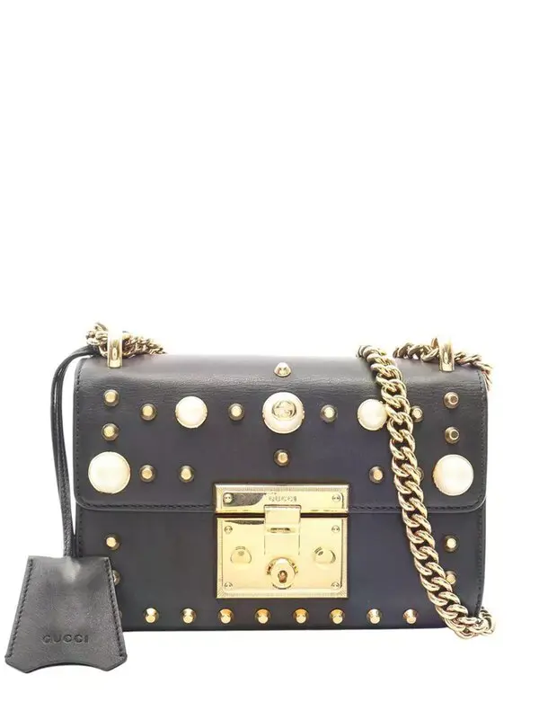 Gucci Small Pearl Studded Leather Padlock Crossbody Bag - Black